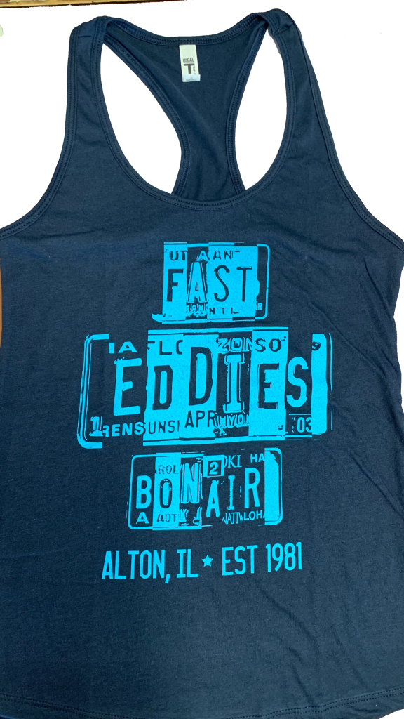Women's Racerback, Navy License Plate - Fast Eddie's Bon Air